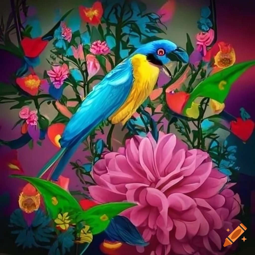 Exotic blue birds playing among vibrant flowers in a beautiful garden on Craiyon