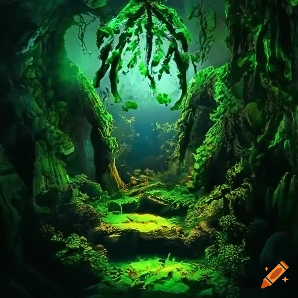 Enchanting cave entrance in the heart of a hidden forest with glowing ...