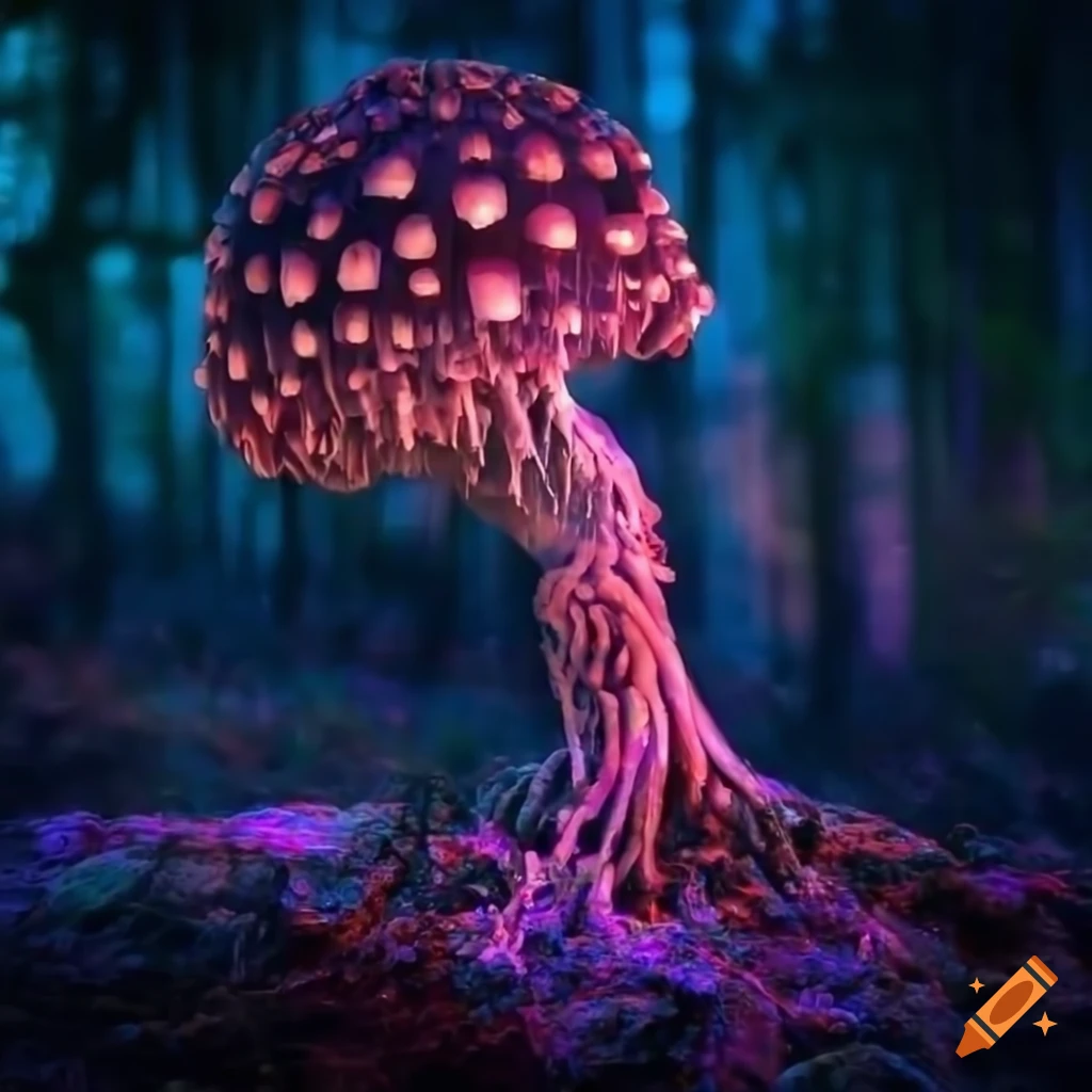 Cyborg tree with magic mushrooms growing upside down under northern ...