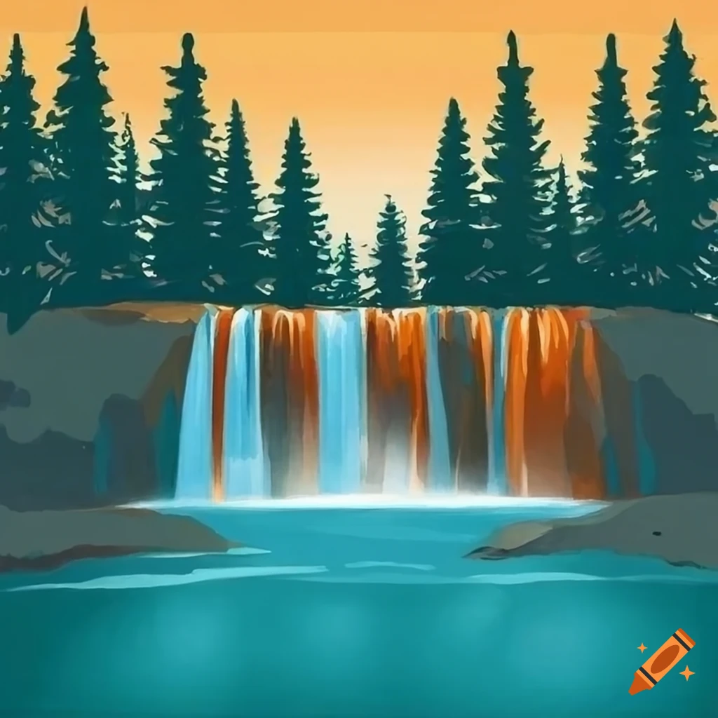 Orange rocks, light blue waterfall, fir trees, lake, and elk in a ...