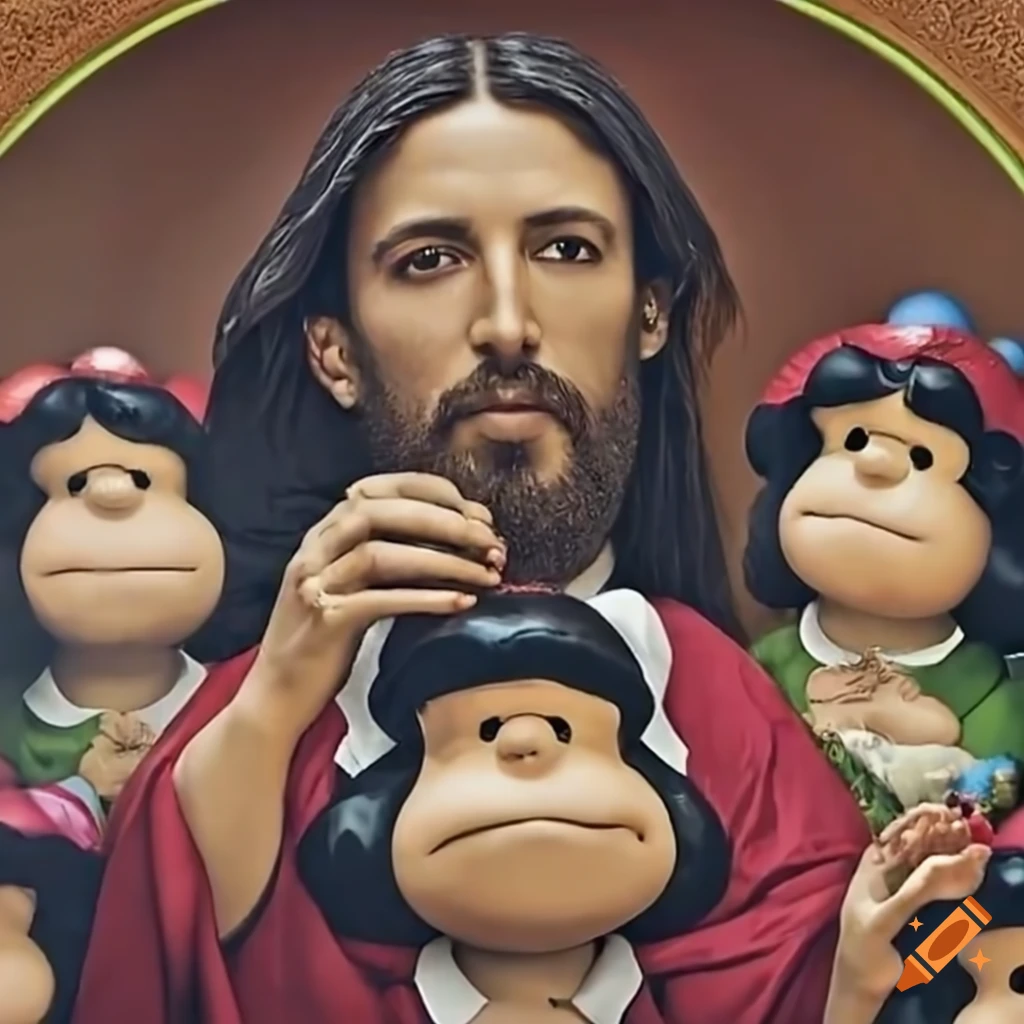 Satirical scene with jesus, britney spears, samuel jackson, and mafalda ...