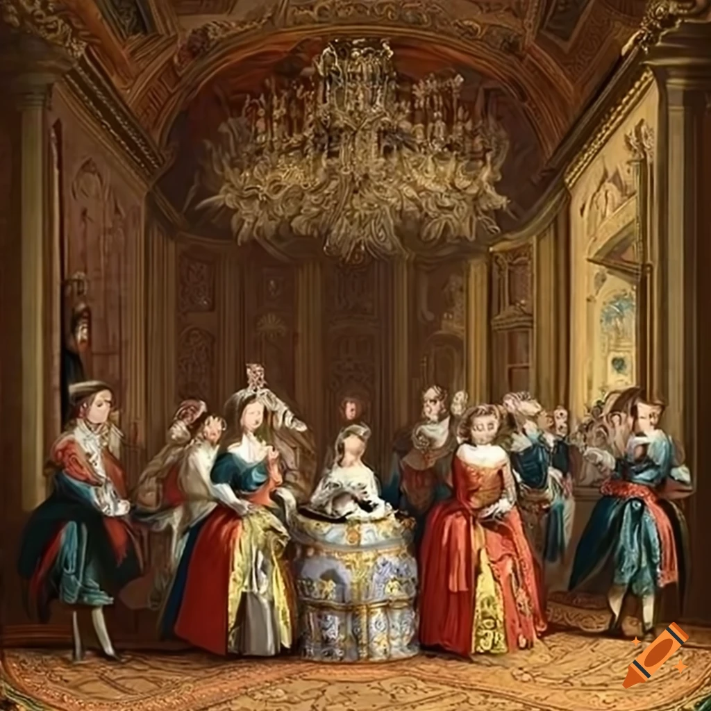 17th century ballroom with people in themed outfits on Craiyon