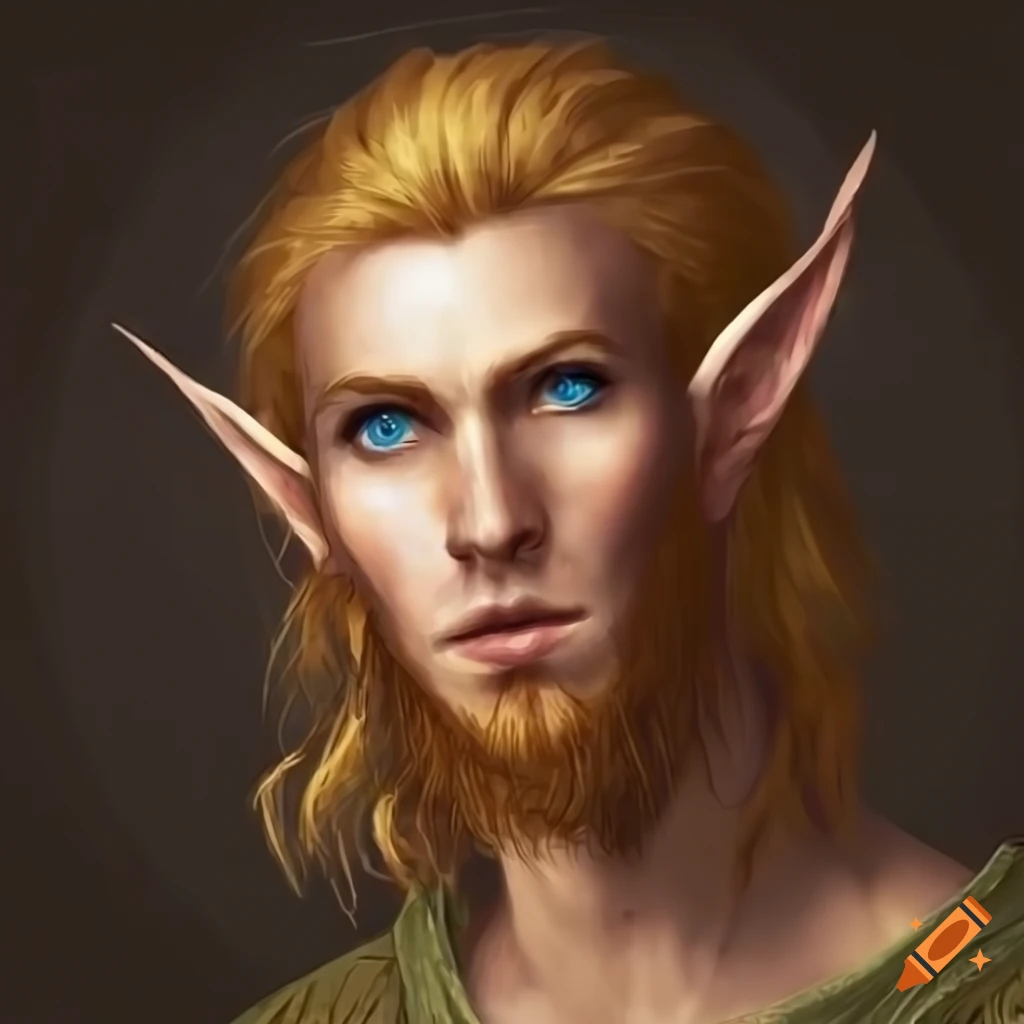 Male Elf with brown hair, blue eyes, wearing fine raiment and feathered ...