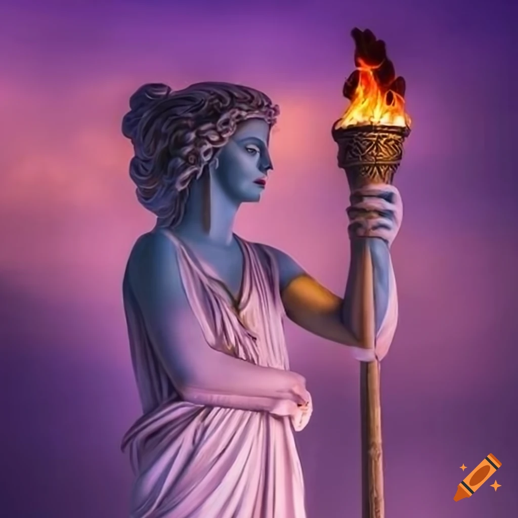 Greek goddess in a temple holding a torch under a violet twilight sky ...