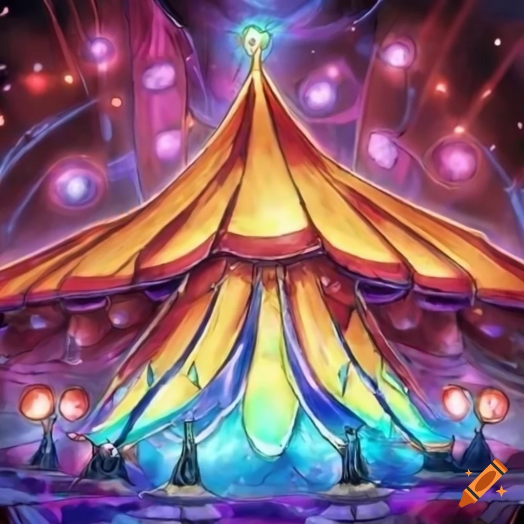 Vibrant circus tent with dazzling lights in a Yu-Gi-Oh card art style ...