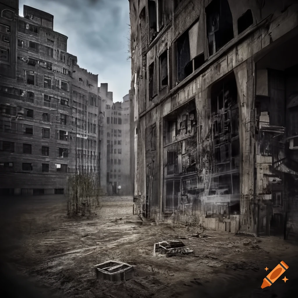 Futuristic post-apocalyptic scene under a sunny sky with foreign ...