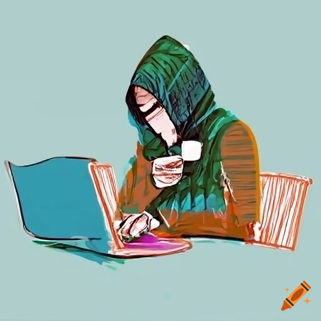 Hacker drinking coffee in front of pc on a spring morning on Craiyon