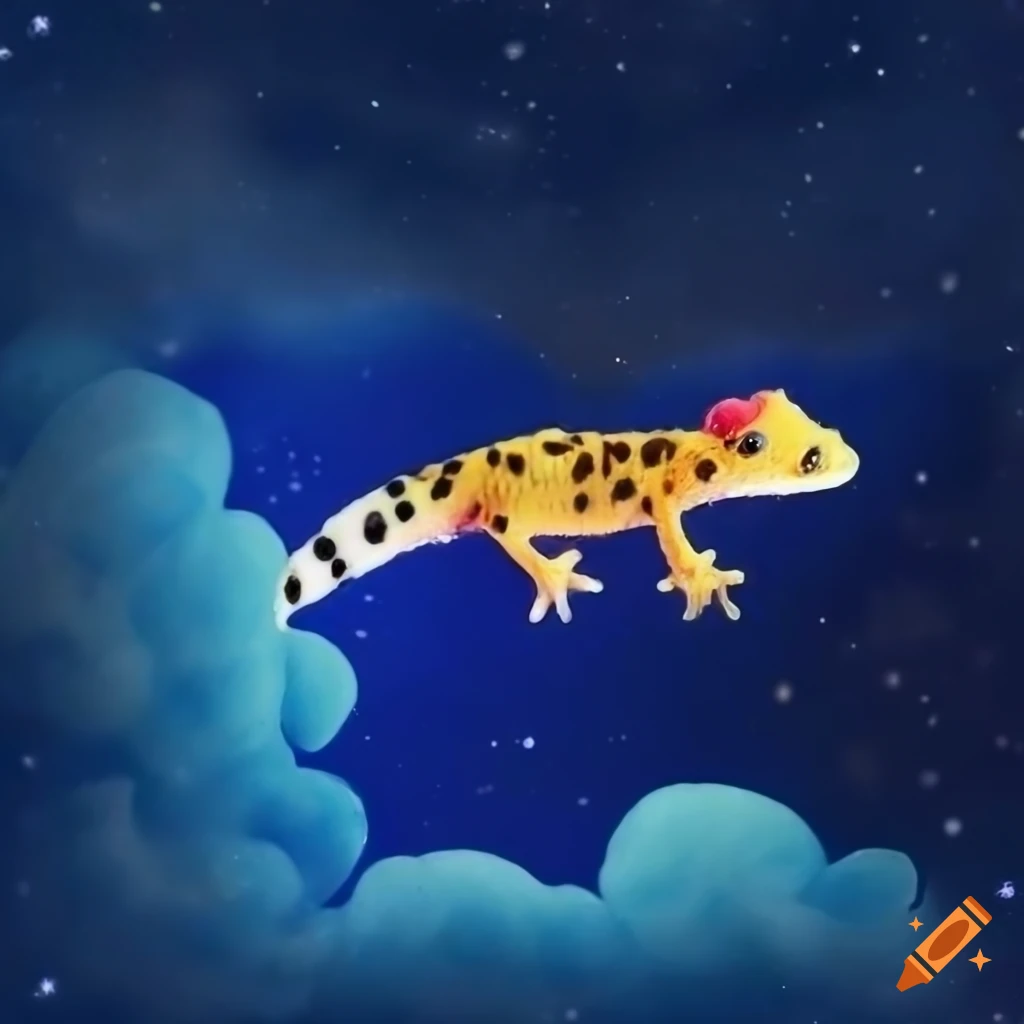 Needle felt leopard gecko flying through night sky with paper ...