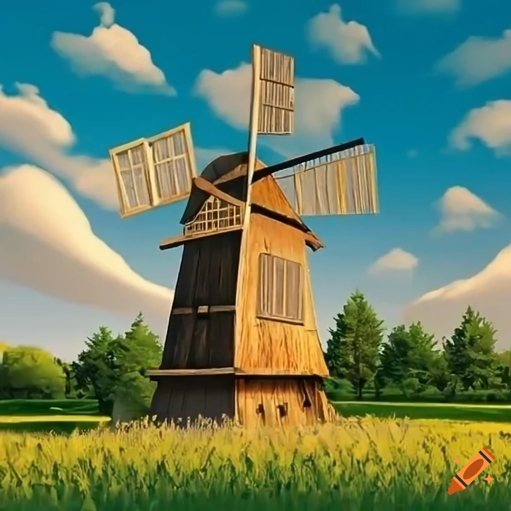 Elegant wooden windmill in a meadow under bright contrast lighting on ...