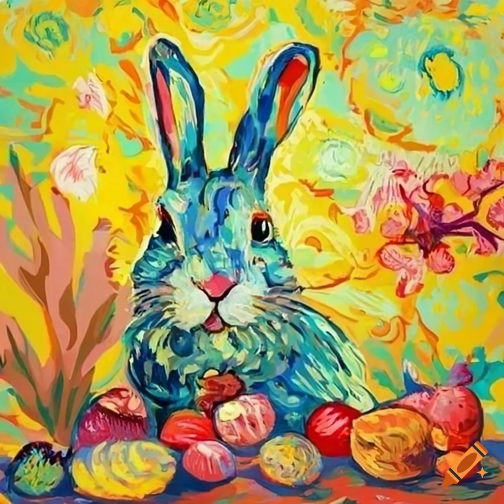 Funny happy Easter bunny in a colorful garden with healthy fruits in ...