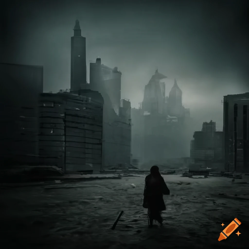 Futuristic post-apocalyptic scene under a sunny sky with foreign ...