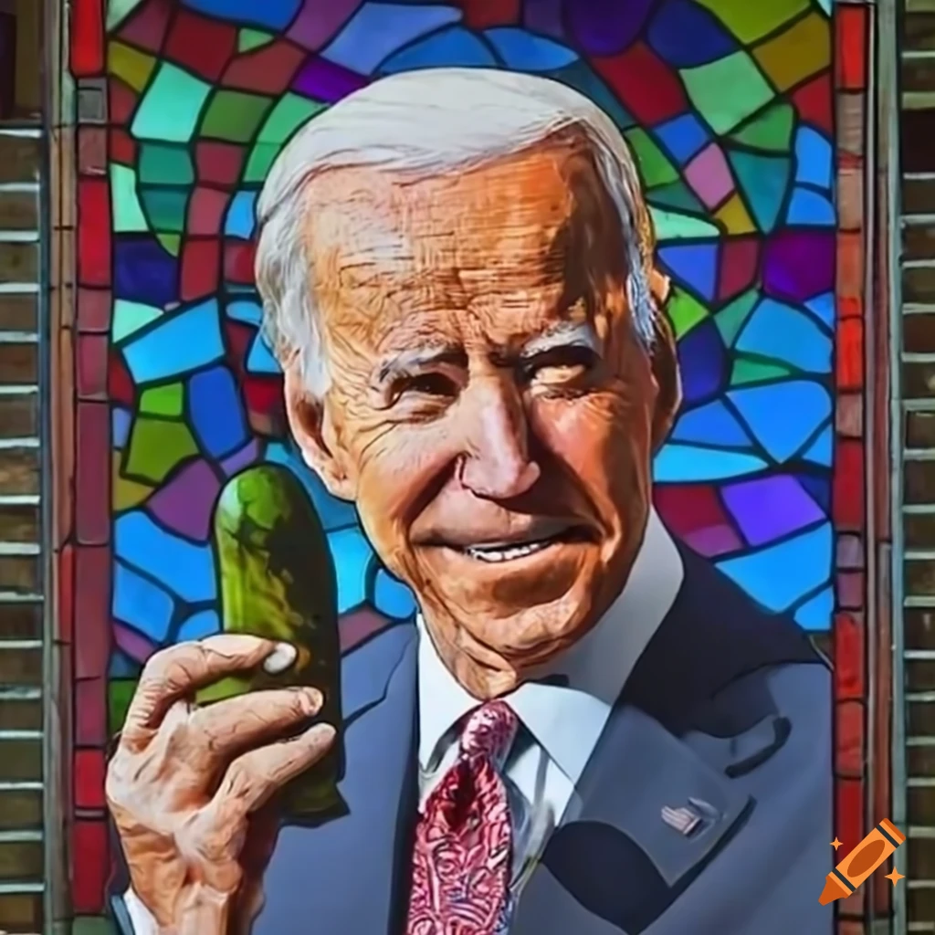 Stained glass window of Joe Biden holding a pickle on Craiyon