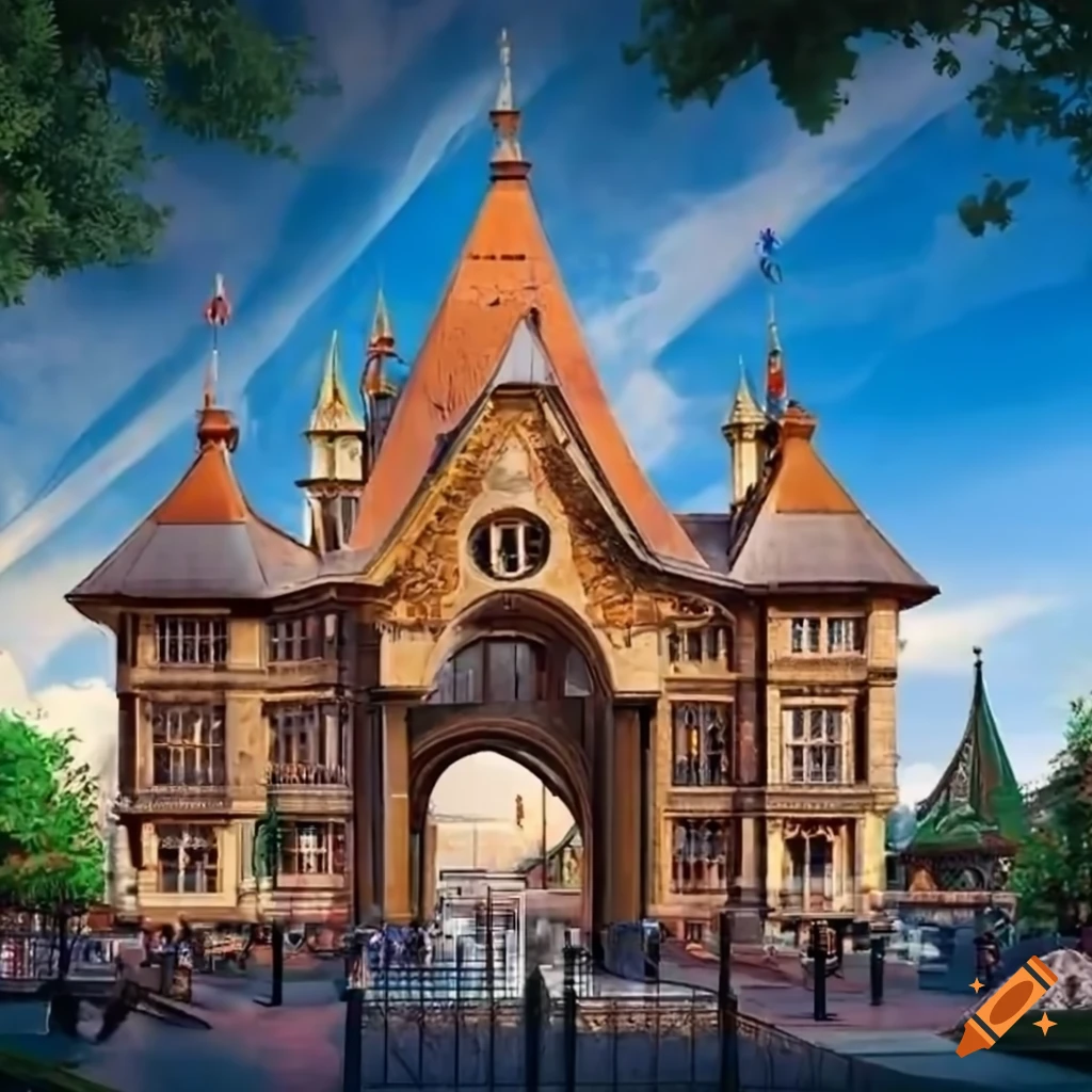 Grand entrance for theme parks with european architectural style ...