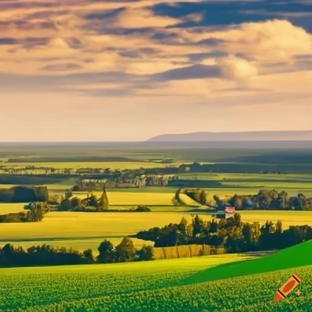 Summer view of amphail farming town with rolling fields and outlying ...