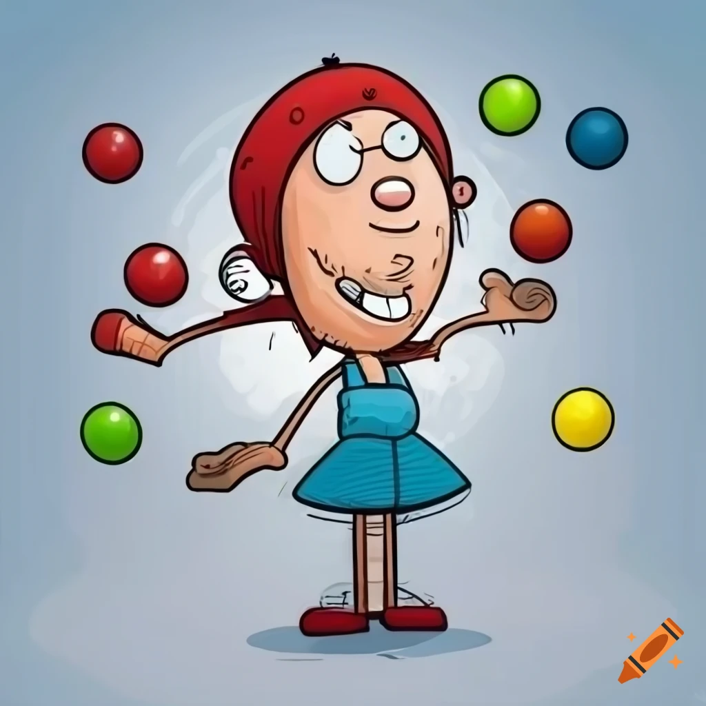 Colorful cartoon illustration of a woman juggling five balls on Craiyon