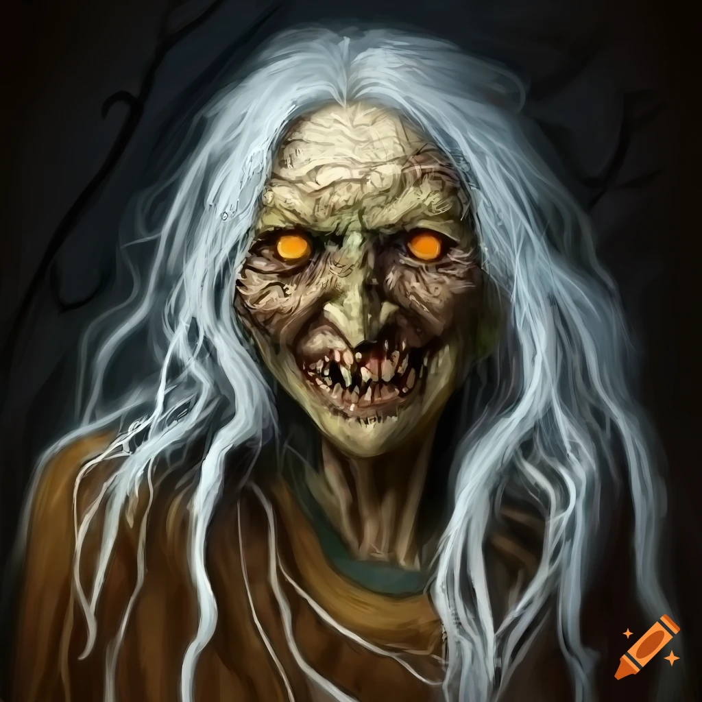 Gnarled swamp hag woman with mischievous smile in a detailed portrait ...