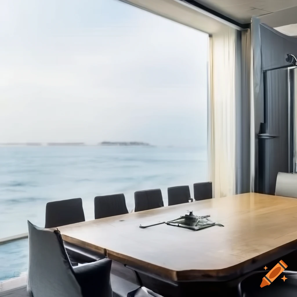 Corporate conference room with a view of a container ship through the ...