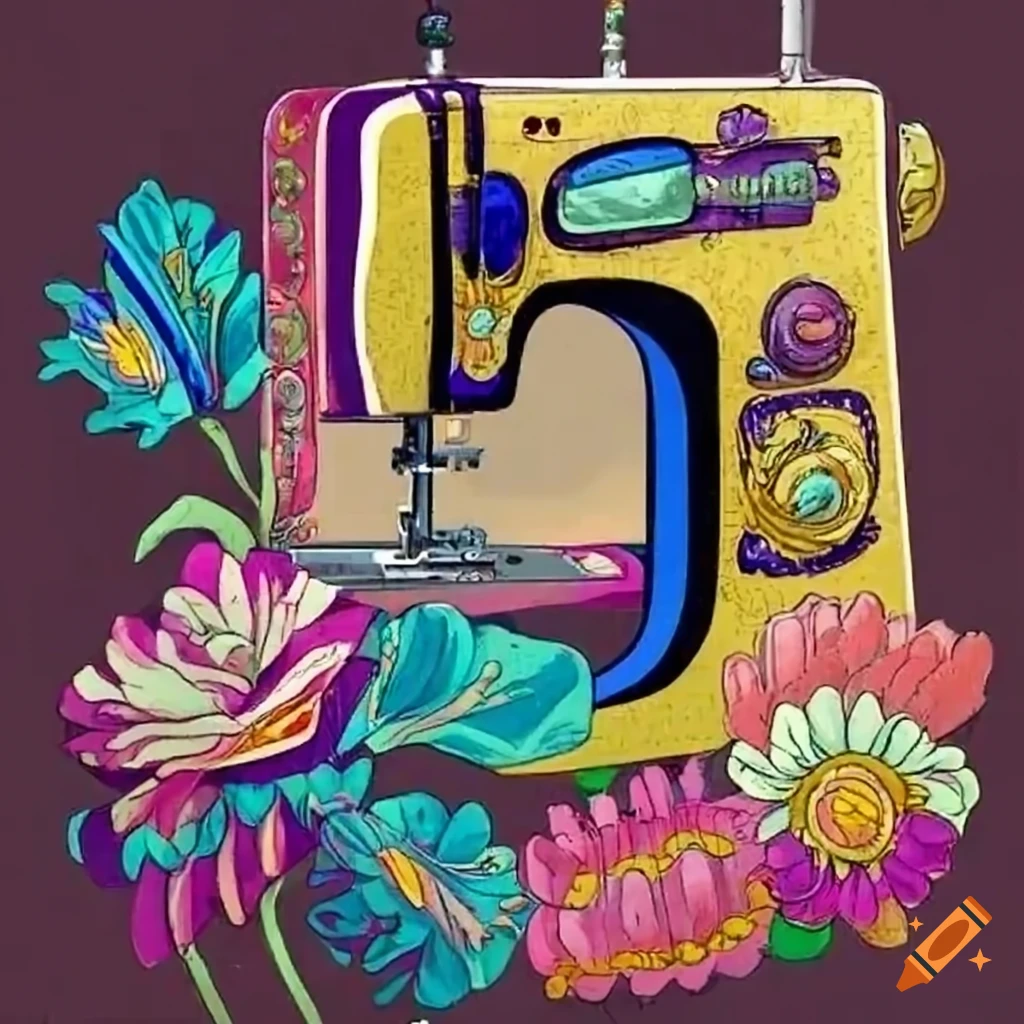 Sewing machine with engraved initials E.F. surrounded by flowers on Craiyon