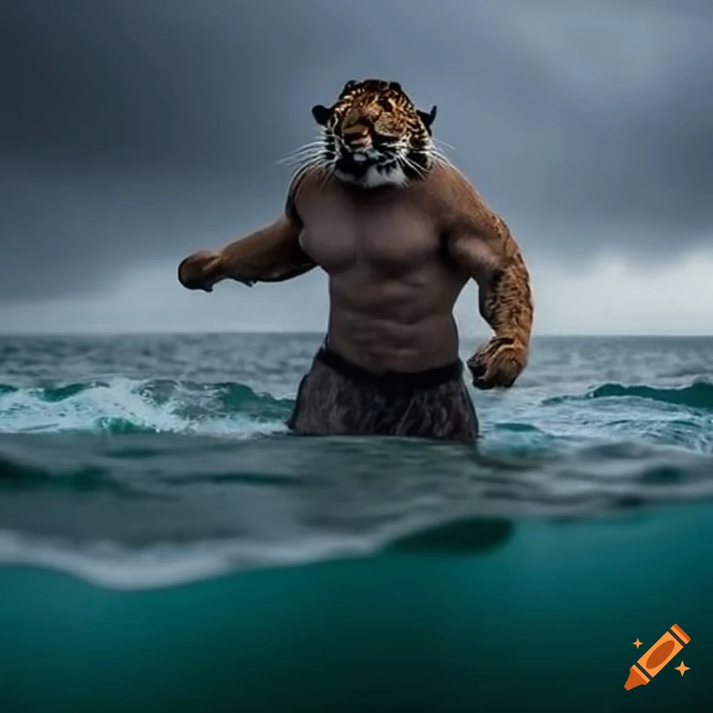 Tidal tiger, a menacing human-tiger hybrid against stormy seas on Craiyon