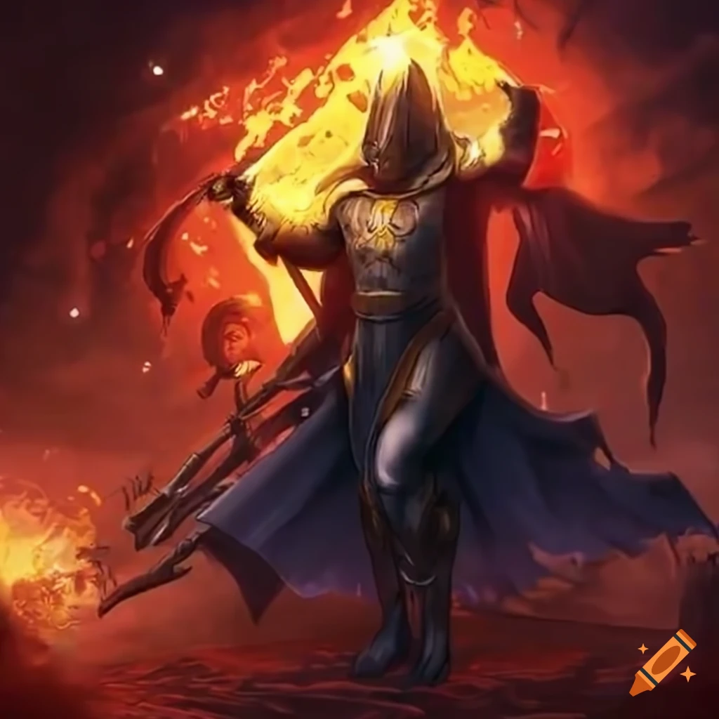 Heroes battling towering figure with weapons and magic on Craiyon