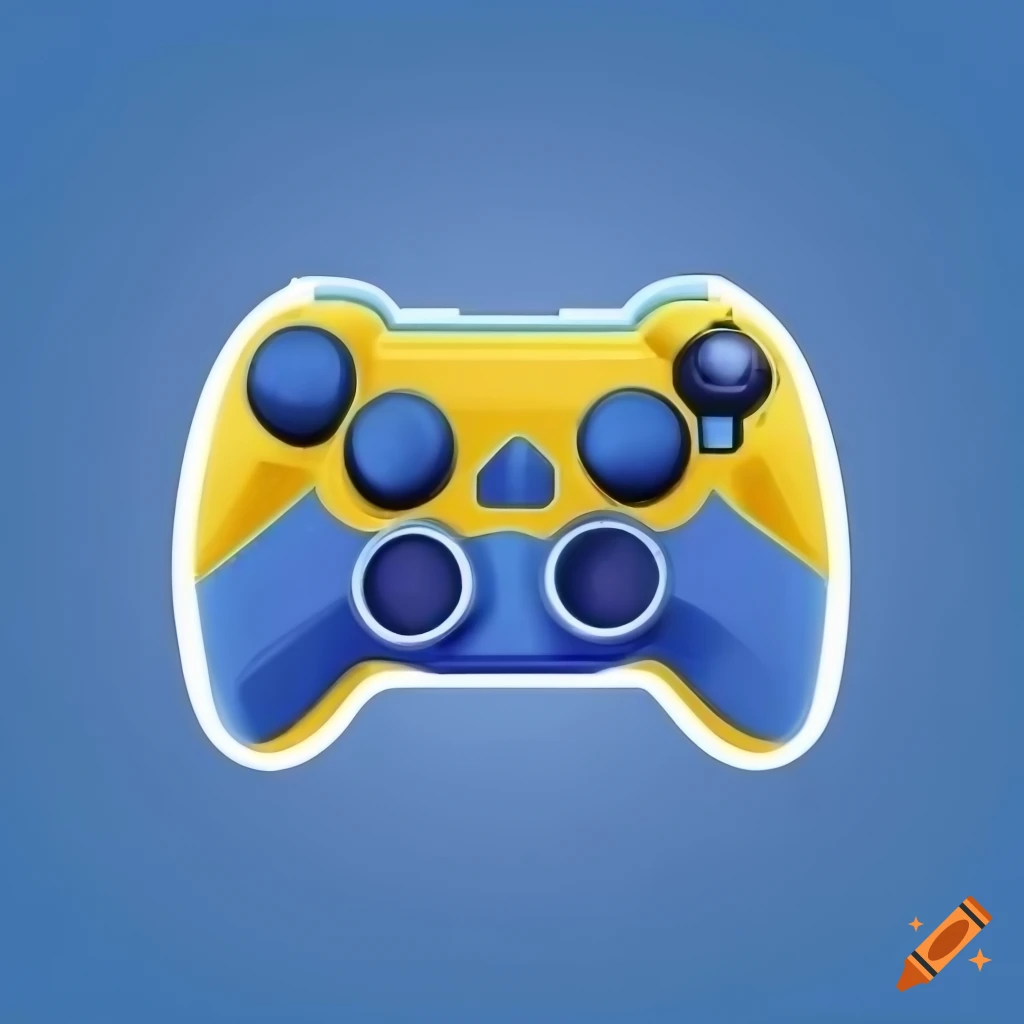 Blue and yellow logo with gaming console, controllers, and computer ...