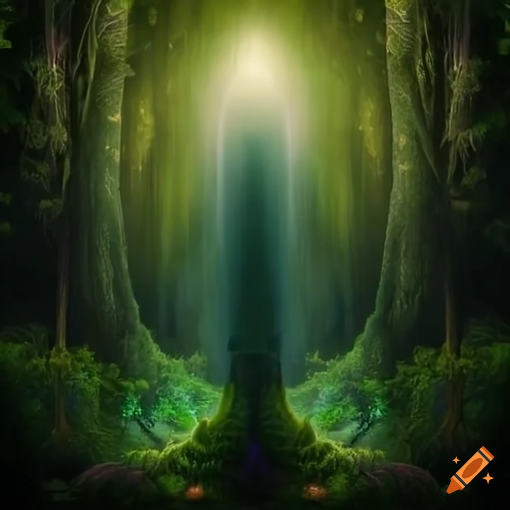 Enchanted forest with emerald trees, cascading waterfalls, and ethereal ...