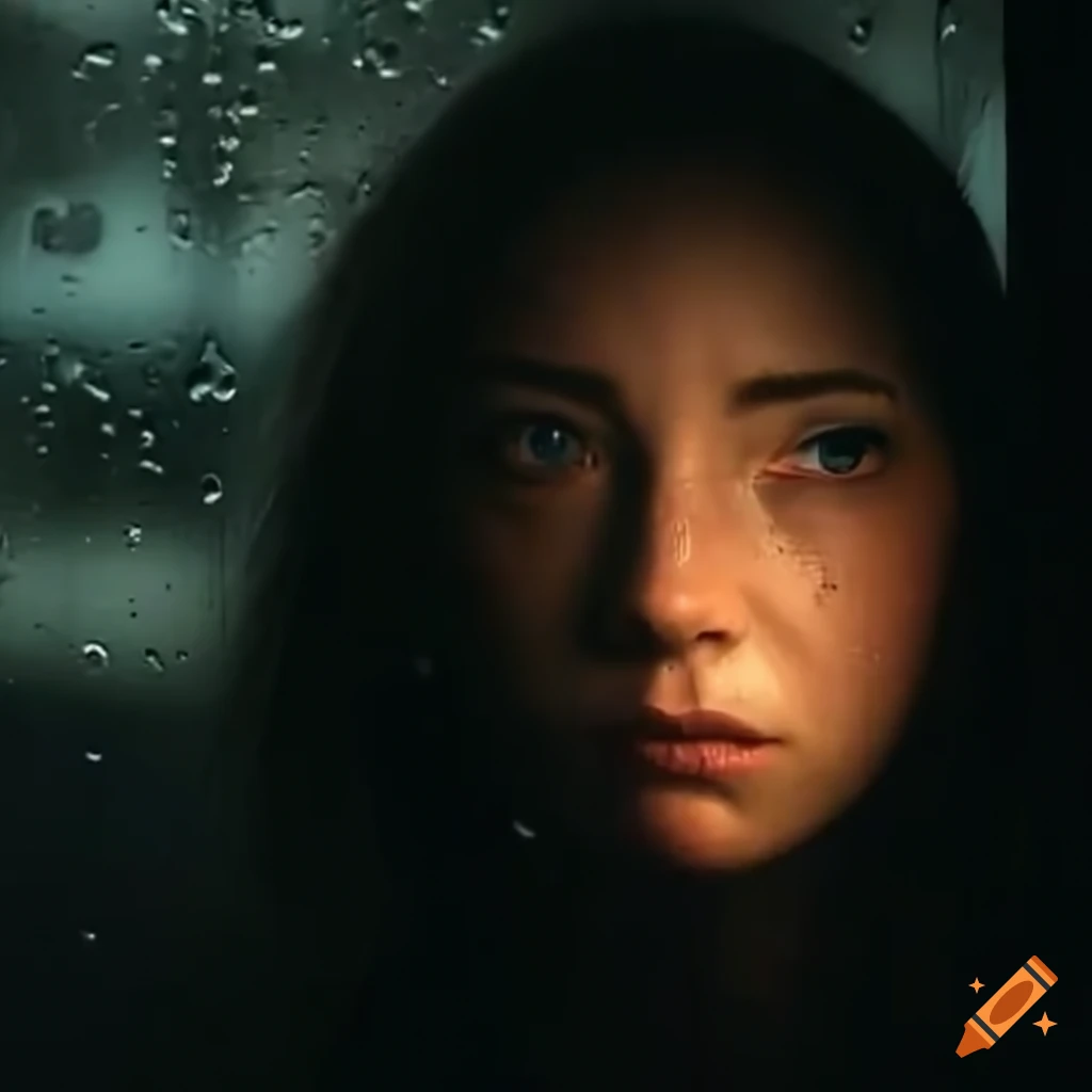 Woman on train gazing at rainy window with tears on Craiyon