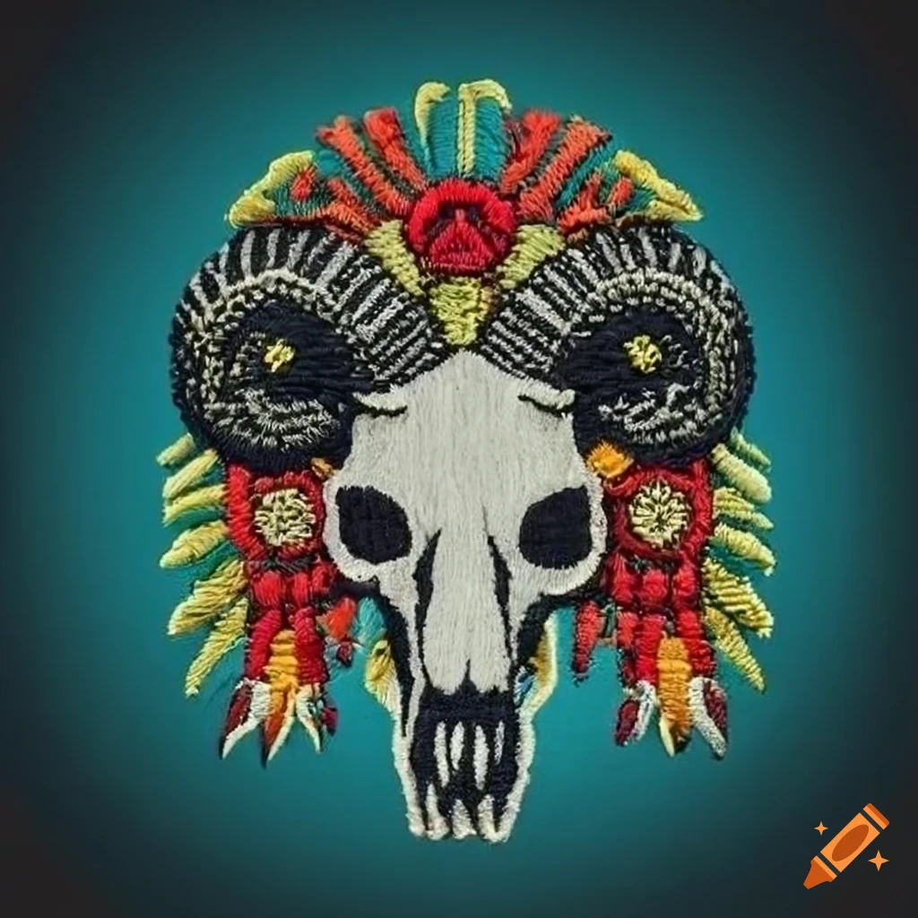 Aztec embroidered ram's skull design on Craiyon