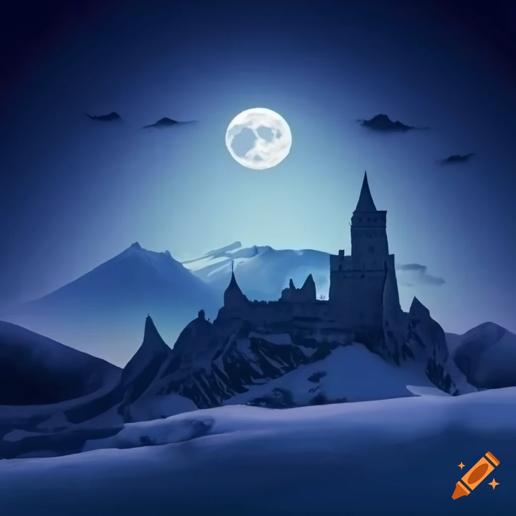 Moonlit snowy mountain landscape with a sinister castle on Craiyon