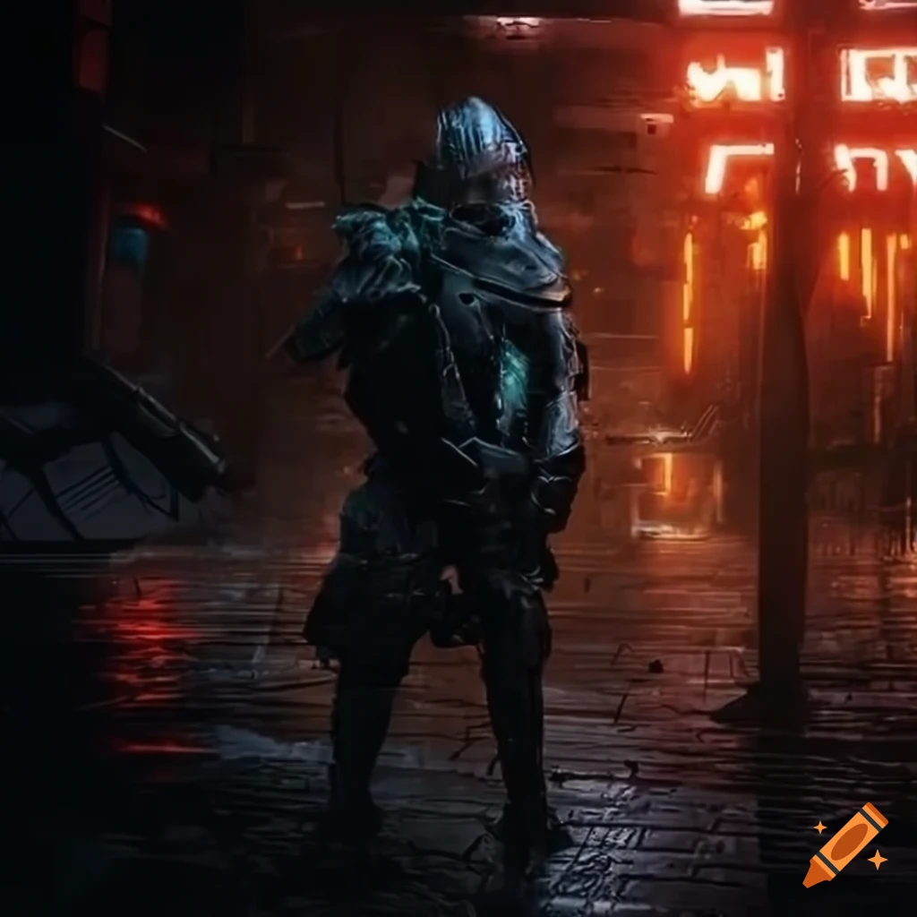 Futuristic mercenary in a cyberpunk city under neon lights and rain on ...