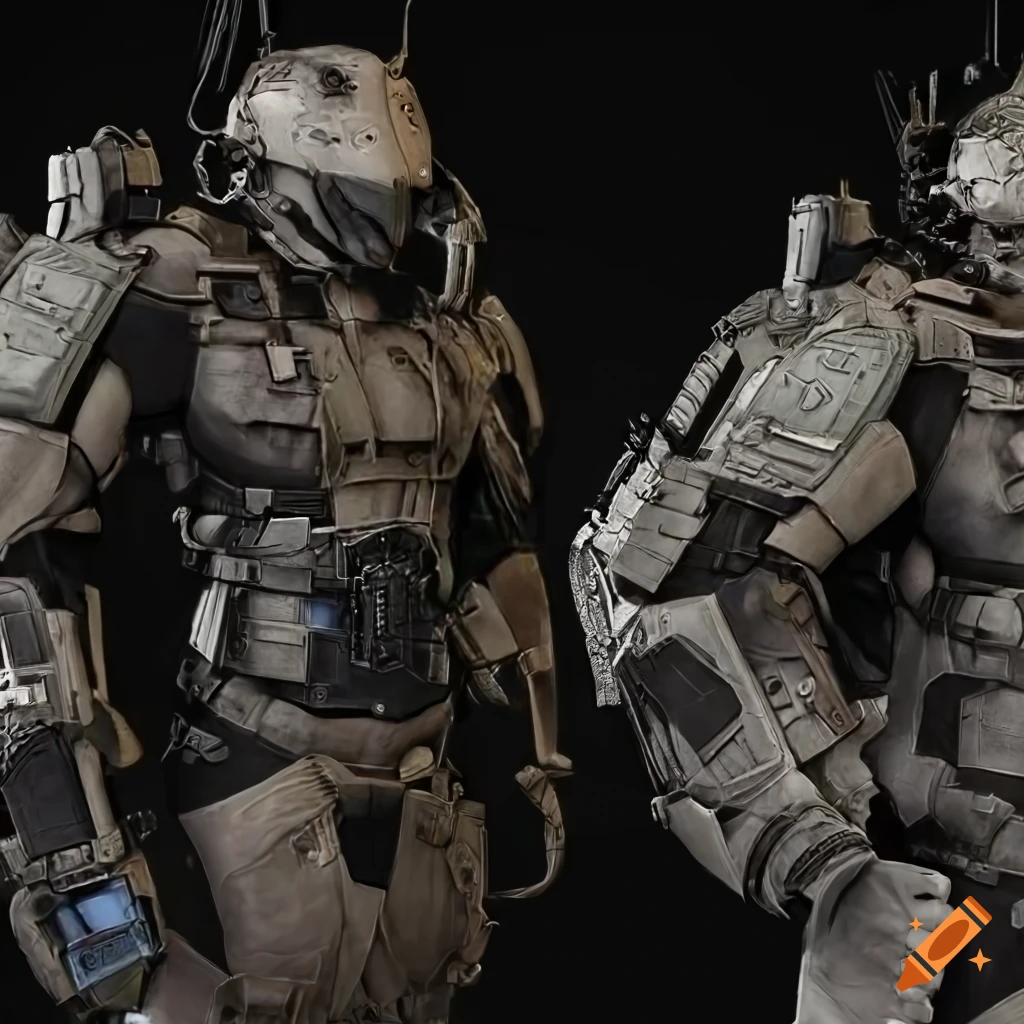 Power armored soldiers in exoskeleton suits with intricate detailing on ...