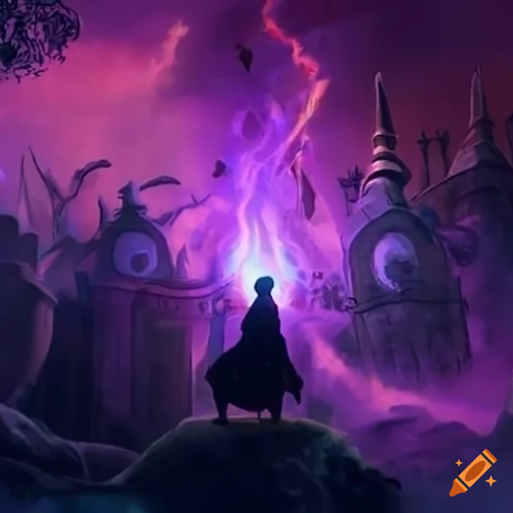 Two wizards casting spells in a violet explosion on Craiyon