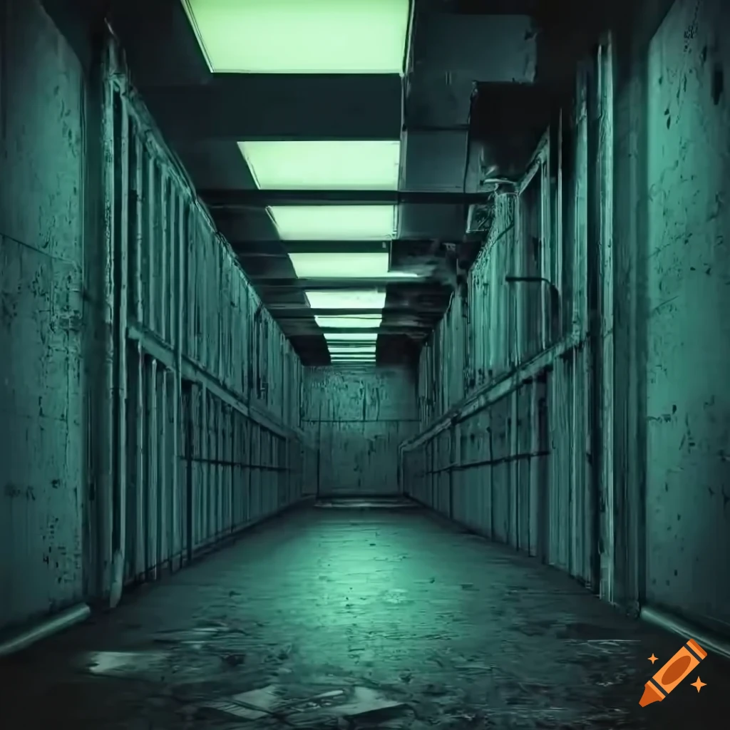 Gloomy prison hallway with flickering lights and lockers on Craiyon