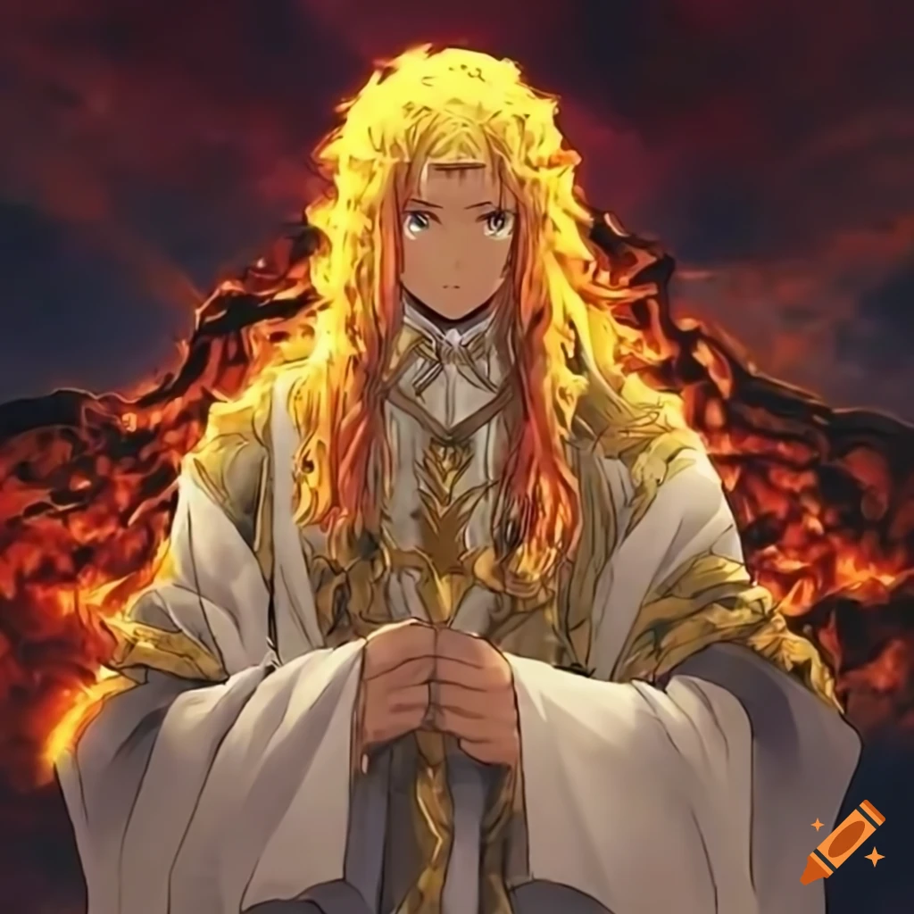 Anime man with golden hair walking on lava in a saintly and holy manner ...