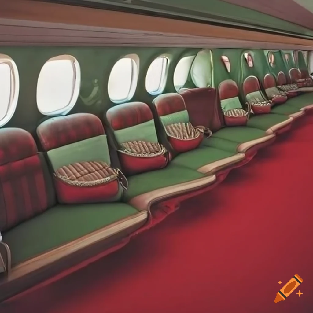 1960s retro-futuristic airplane cabin with red carpets and green seats ...