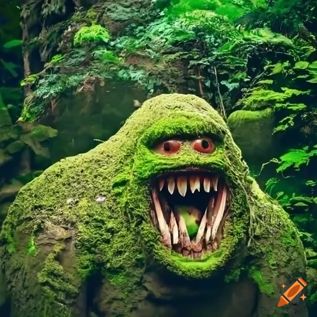 Giant moss-covered rock monster with kind smile in a lush green jungle ...