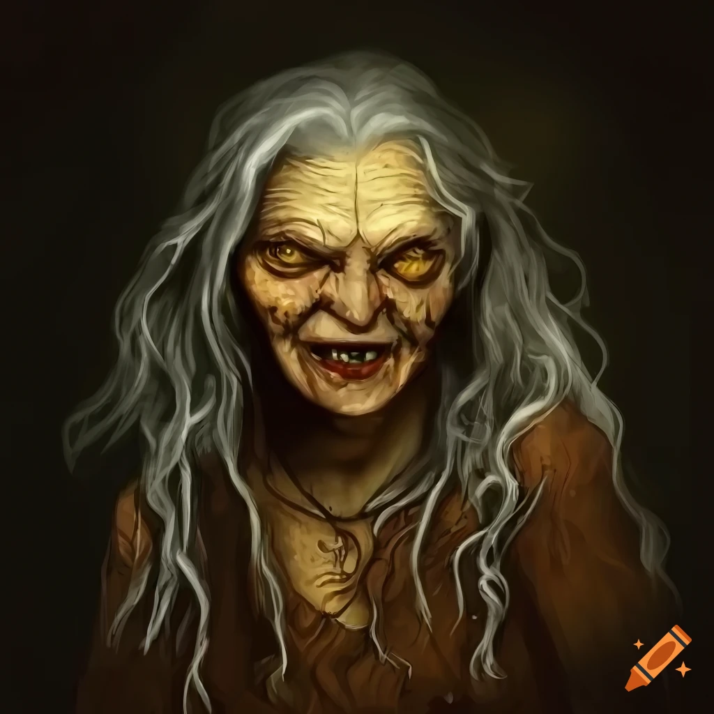 Old swamp hag with mischievous smile in a detailed portrait painting on ...