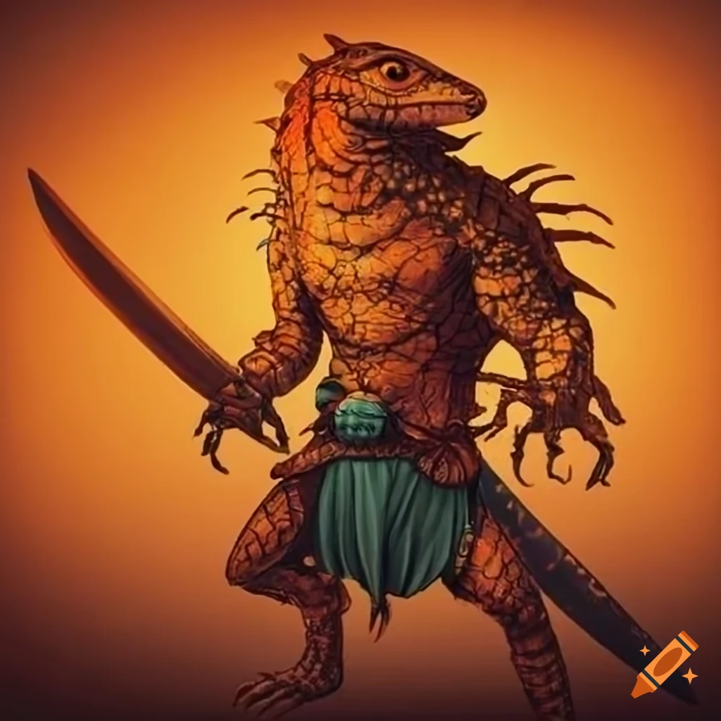Orange scaled lizard warrior with a massive sword in a loincloth on Craiyon