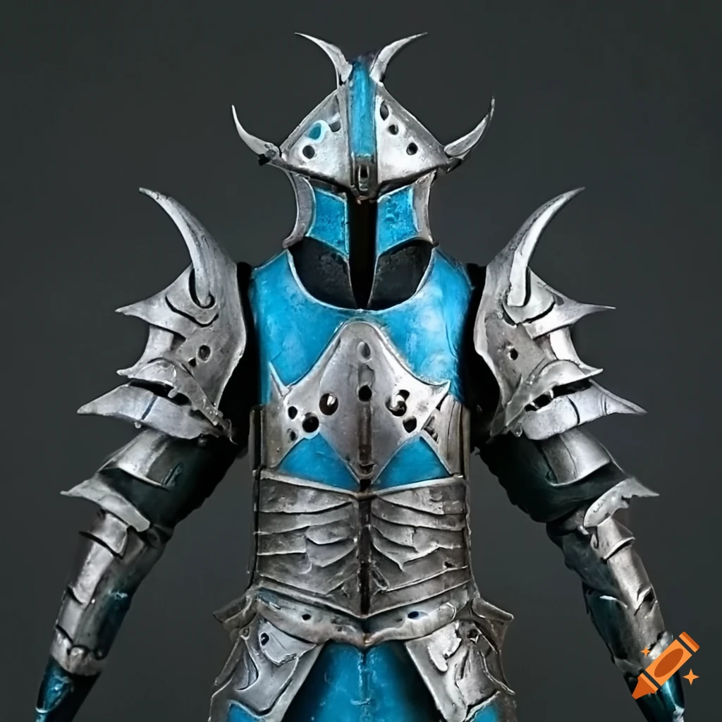 Mythic fantasy azure gothic armor made of steel, front view with ...