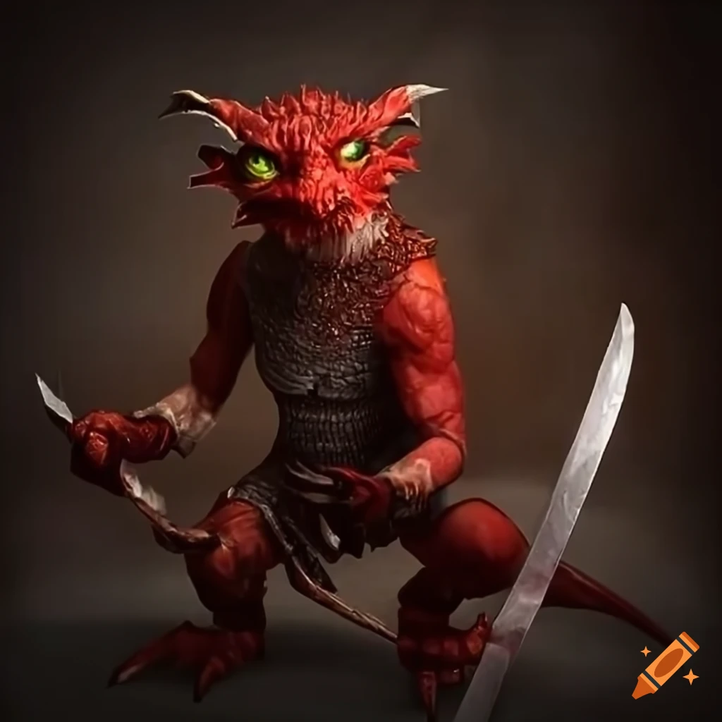 Kobold with green eyes and red skin in chainmail armor ready for melee ...