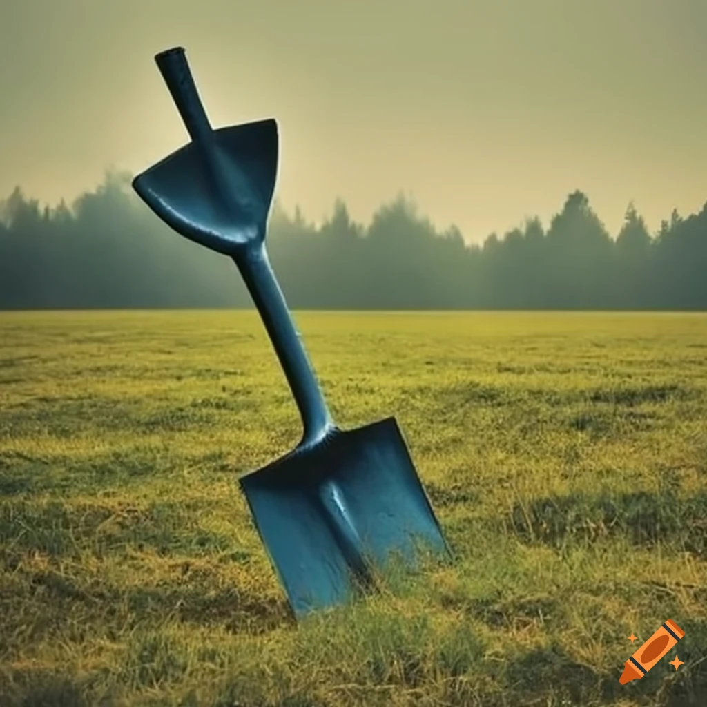 Large spade stuck in the ground in a grass field under grey sky on Craiyon