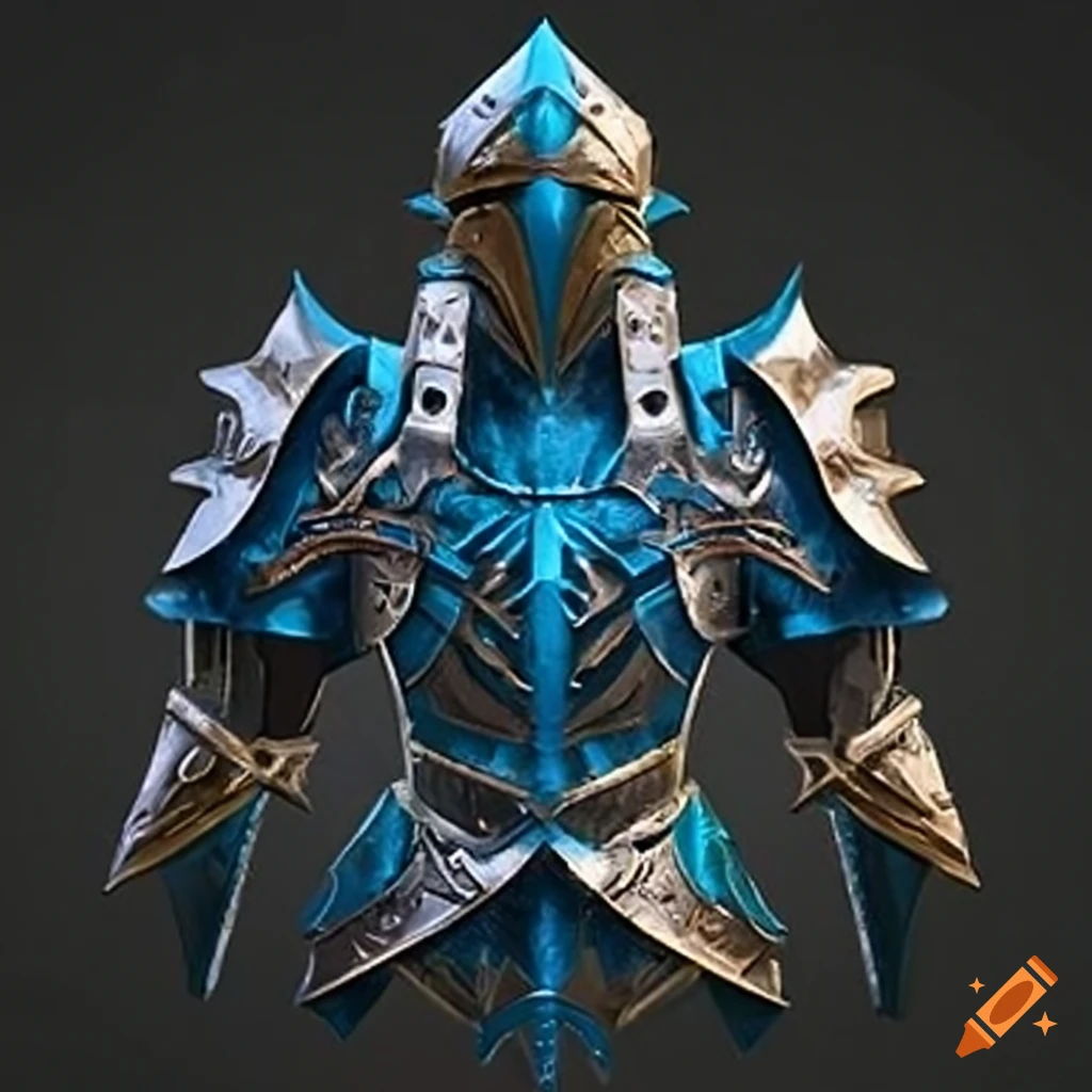 Front view of mythic fantasy master azure gothic armor made of steel ...