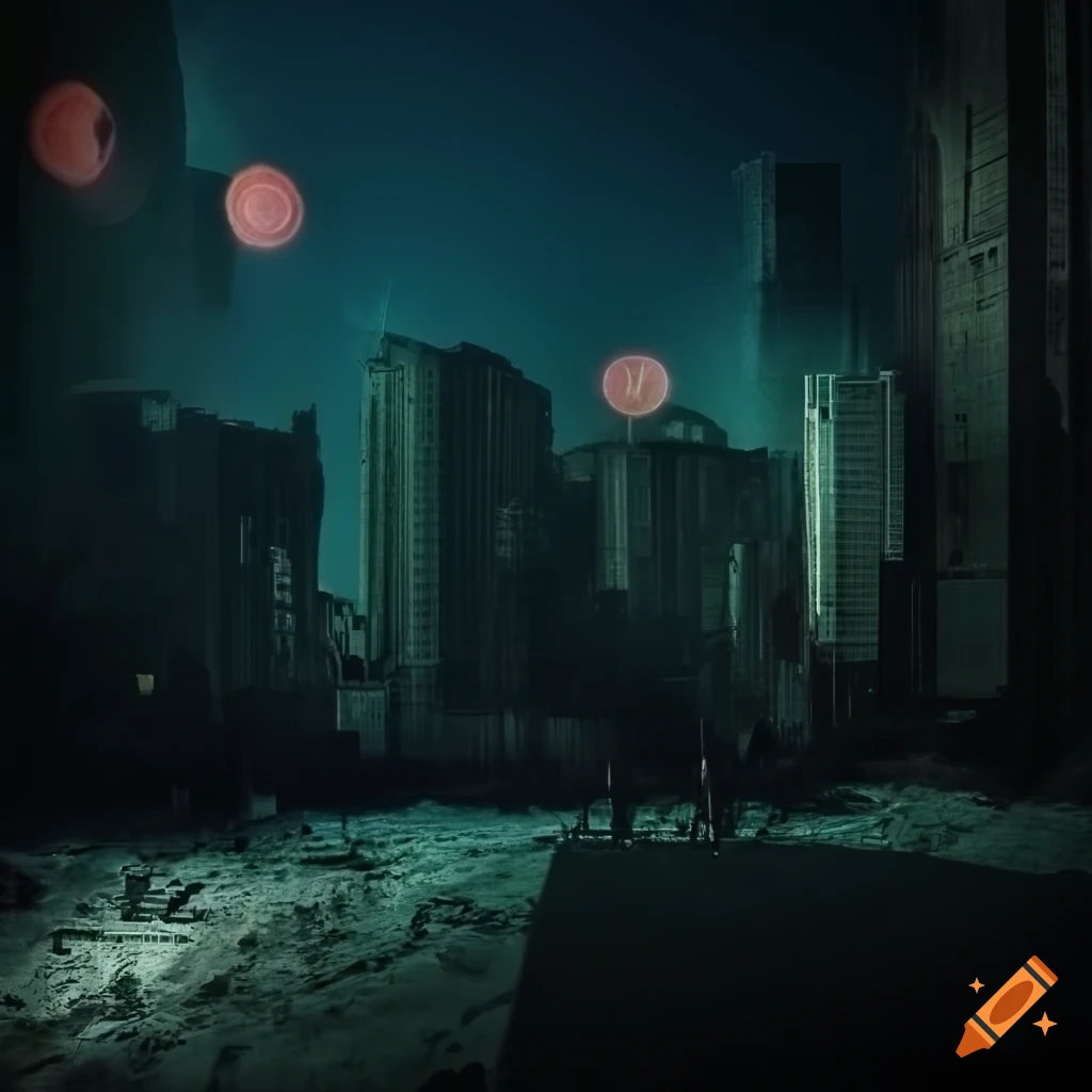 Futuristic post-apocalyptic scene under a sunny sky with foreign ...