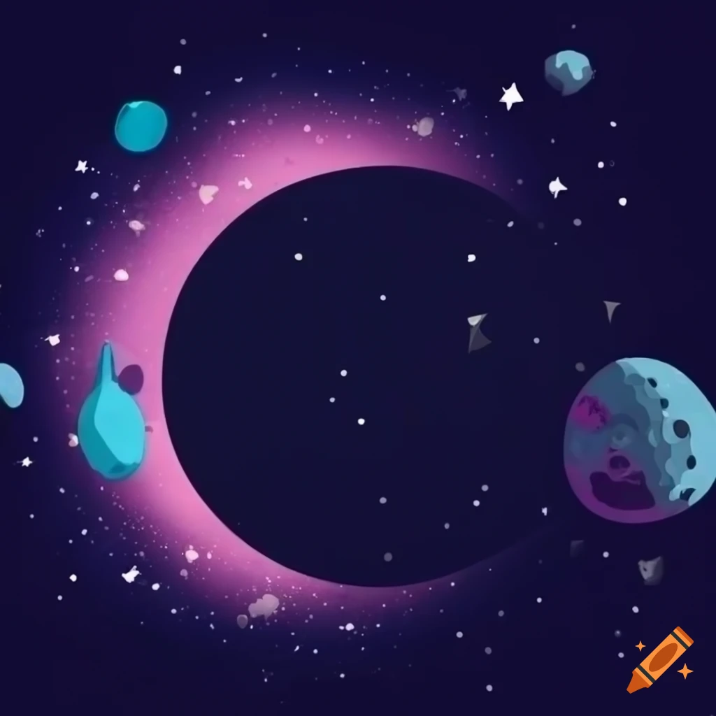 Cartoon minimalist space with stars and asteroids on a dark background ...
