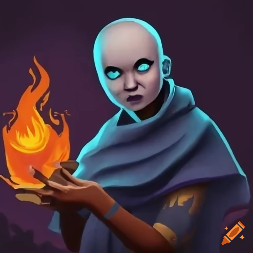 Bald girl wizard casting fiery magic spells in a rag tunic on Craiyon