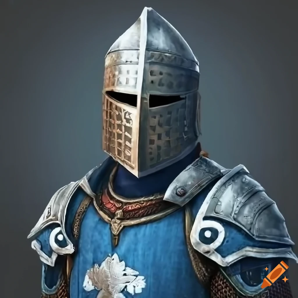 Knight in Kingdoms of Amalur-style armor with blue tunic and crusader helmet on Craiyon