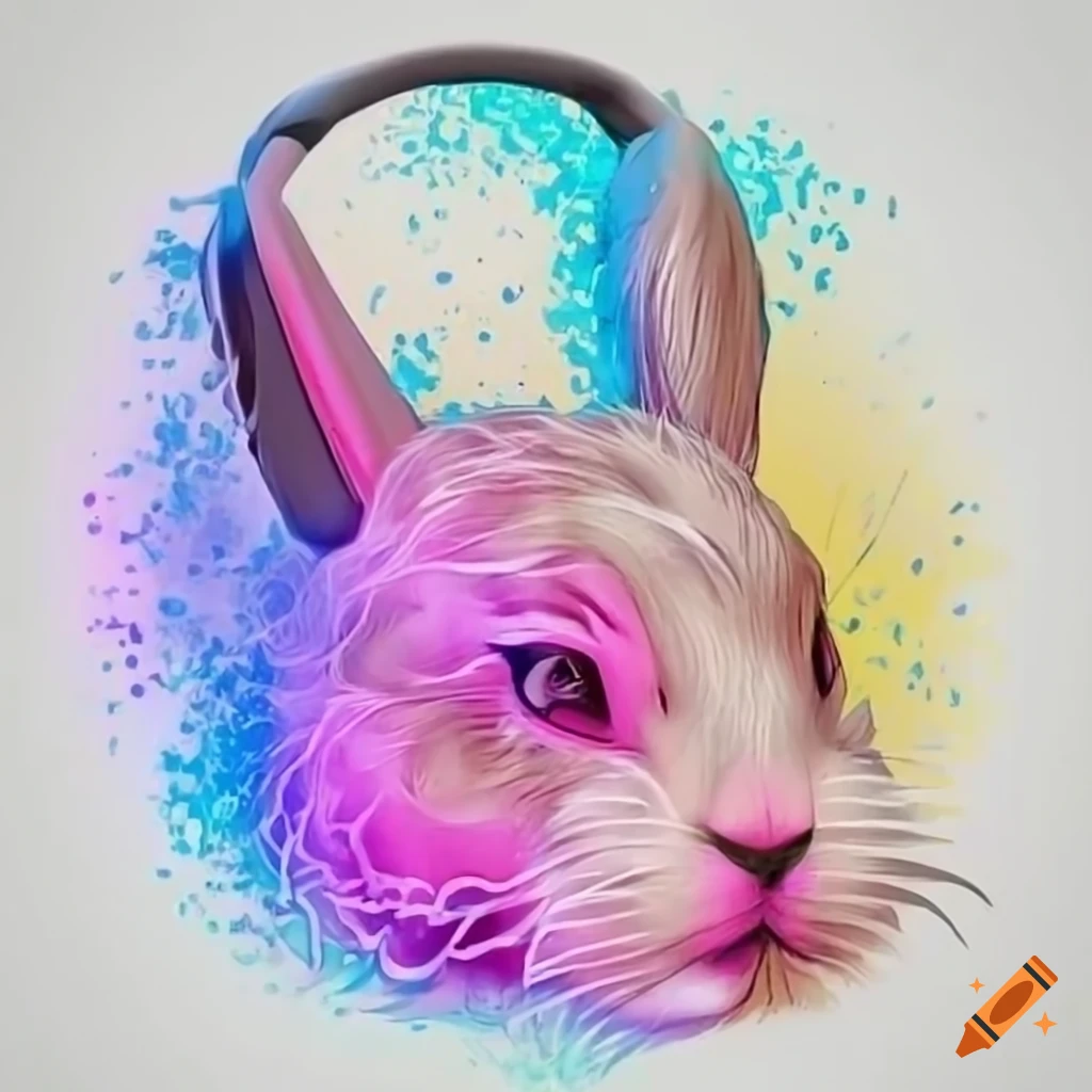 Bunny with headphones enjoying techno music in a neon-lit setting on ...
