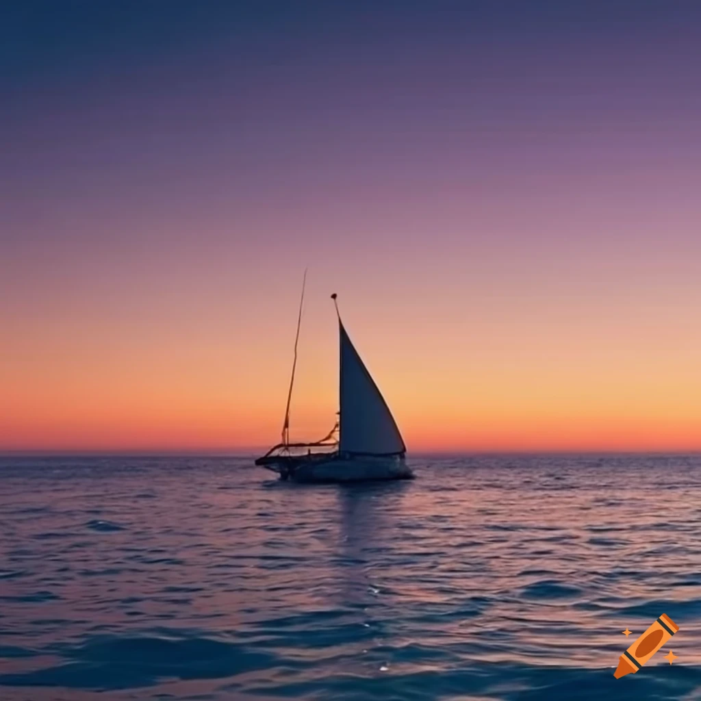 Sea view at sunset with a sailboat in the distance on Craiyon