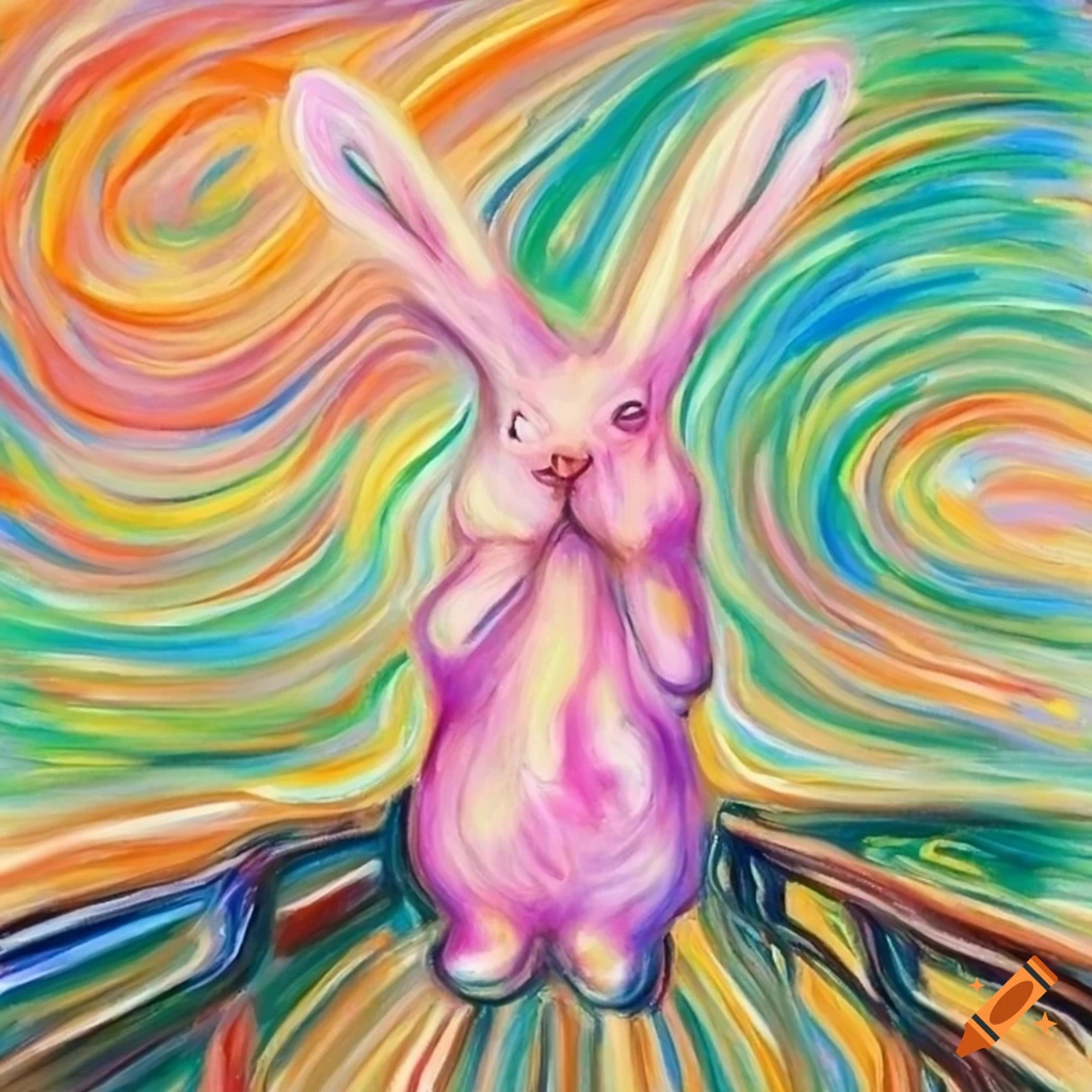 Startled pink bunny in a surreal Easter landscape inspired by Edvard ...