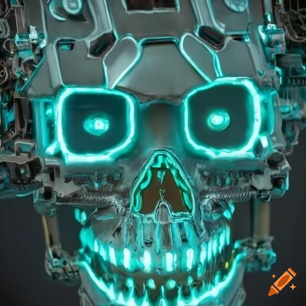 Neon teal mechanical cyberpunk skull made of robot parts on Craiyon